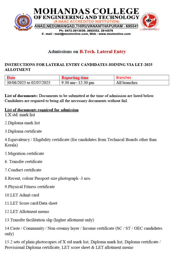 B.Tech – Lateral Entry Admission 2025 – Mohandas College of Engineering and Technology